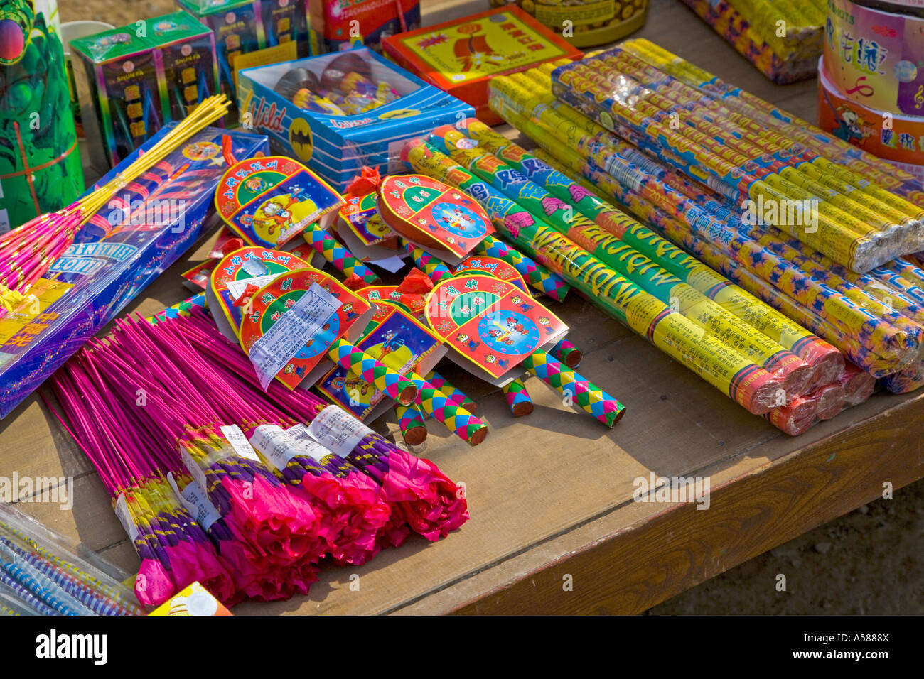 Fireworks on sale on a stall in the street in Beijing during Chinese ...