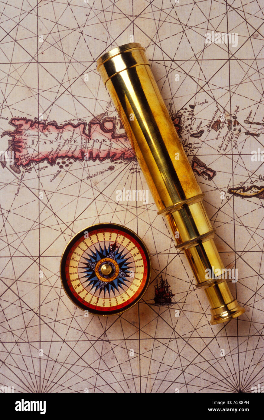Compass on map with telescope Stock Photo - Alamy