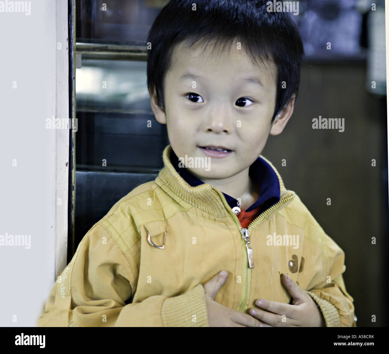 CHINA SHANGHAI Young Chinese school age boy smiles in a market in old ...