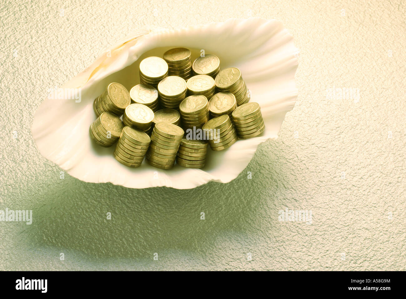 Coins on Seashell Stock Photo - Alamy