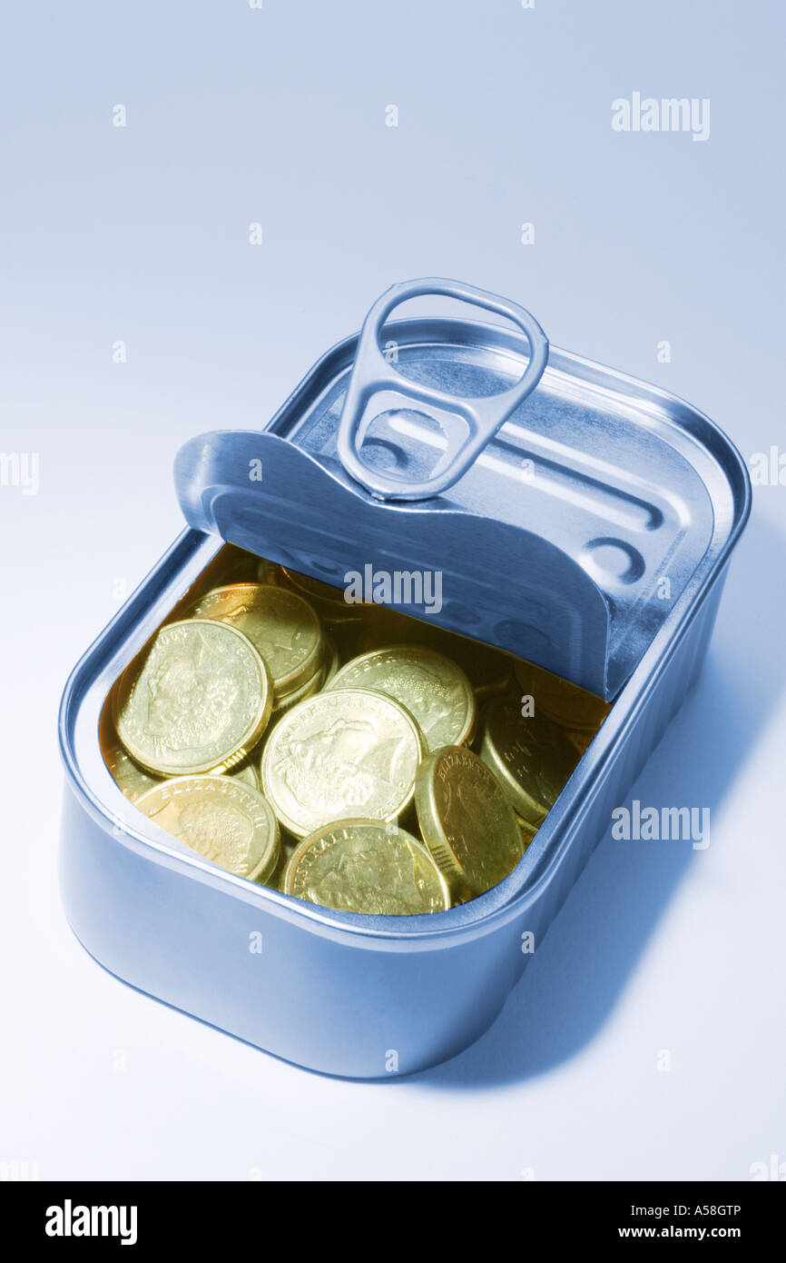 Coins in Tin Can Stock Photo - Alamy