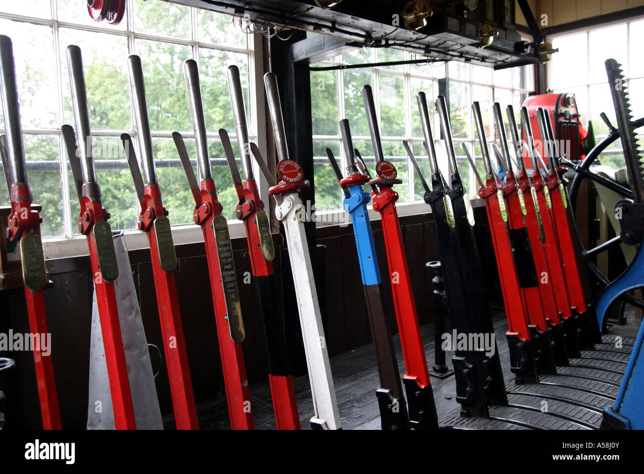 30th August 2006. Hand operated signal levers, Signal box Gwili Railway ...