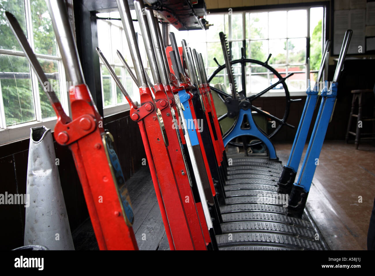 30th August 2006. Hand operated signal levers, Signal box Gwili Railway ...