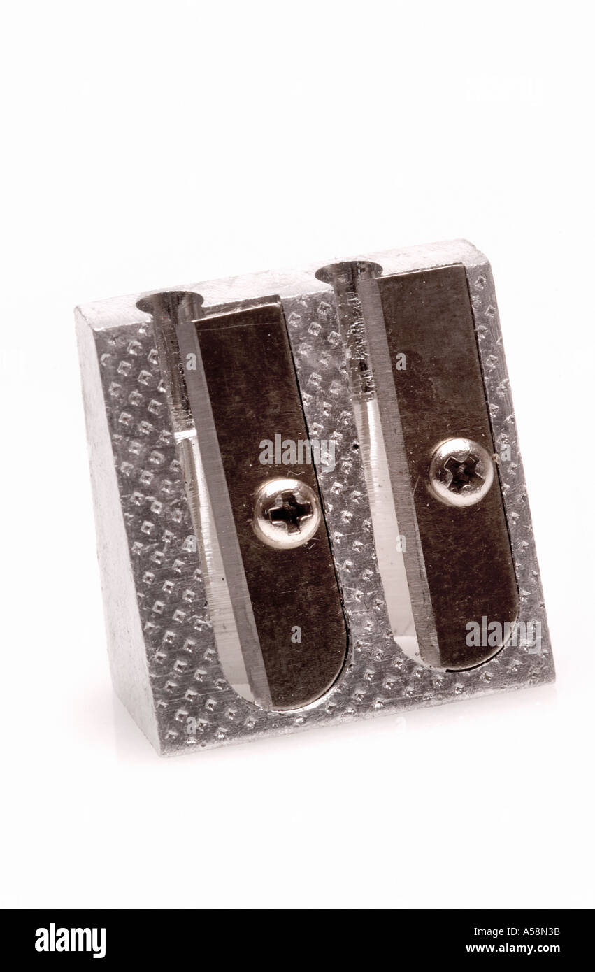 Metal double pencil sharpener on white background Stock Photo - Alamy