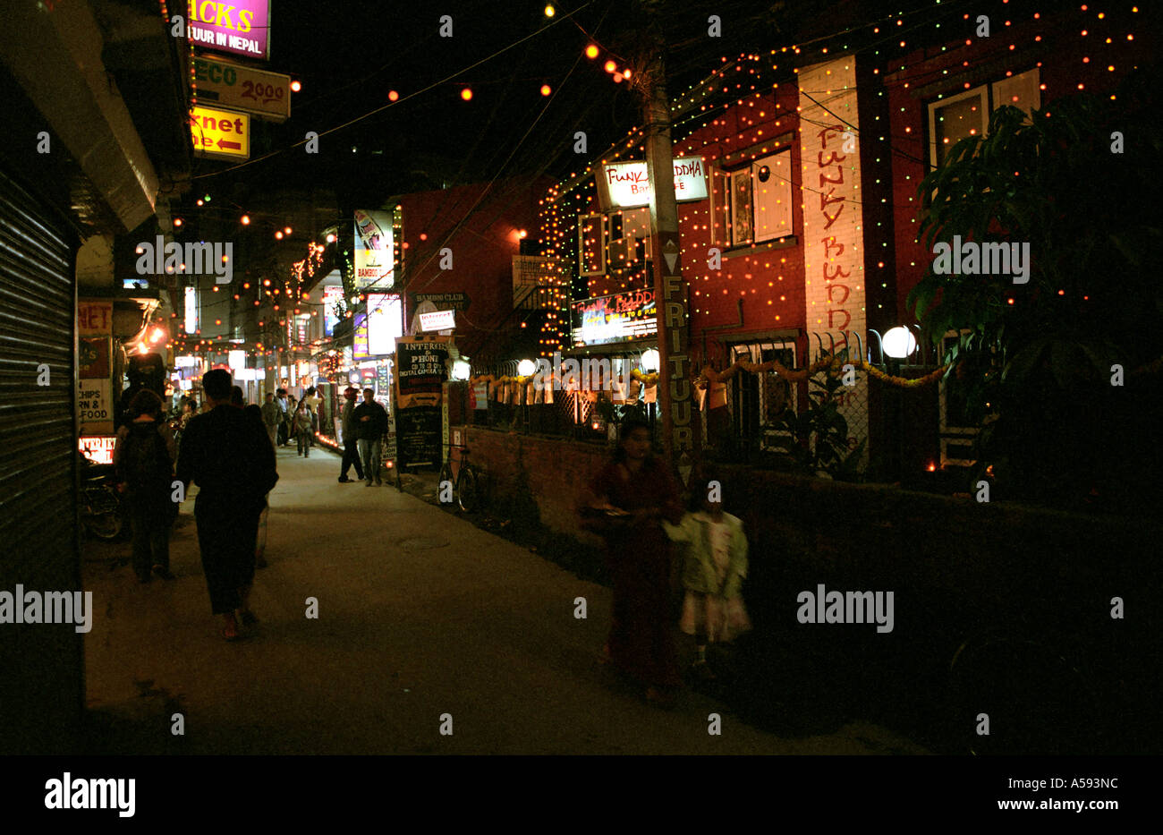 Night street scene of Tihar Fistival of Lights third day Deepawali ...