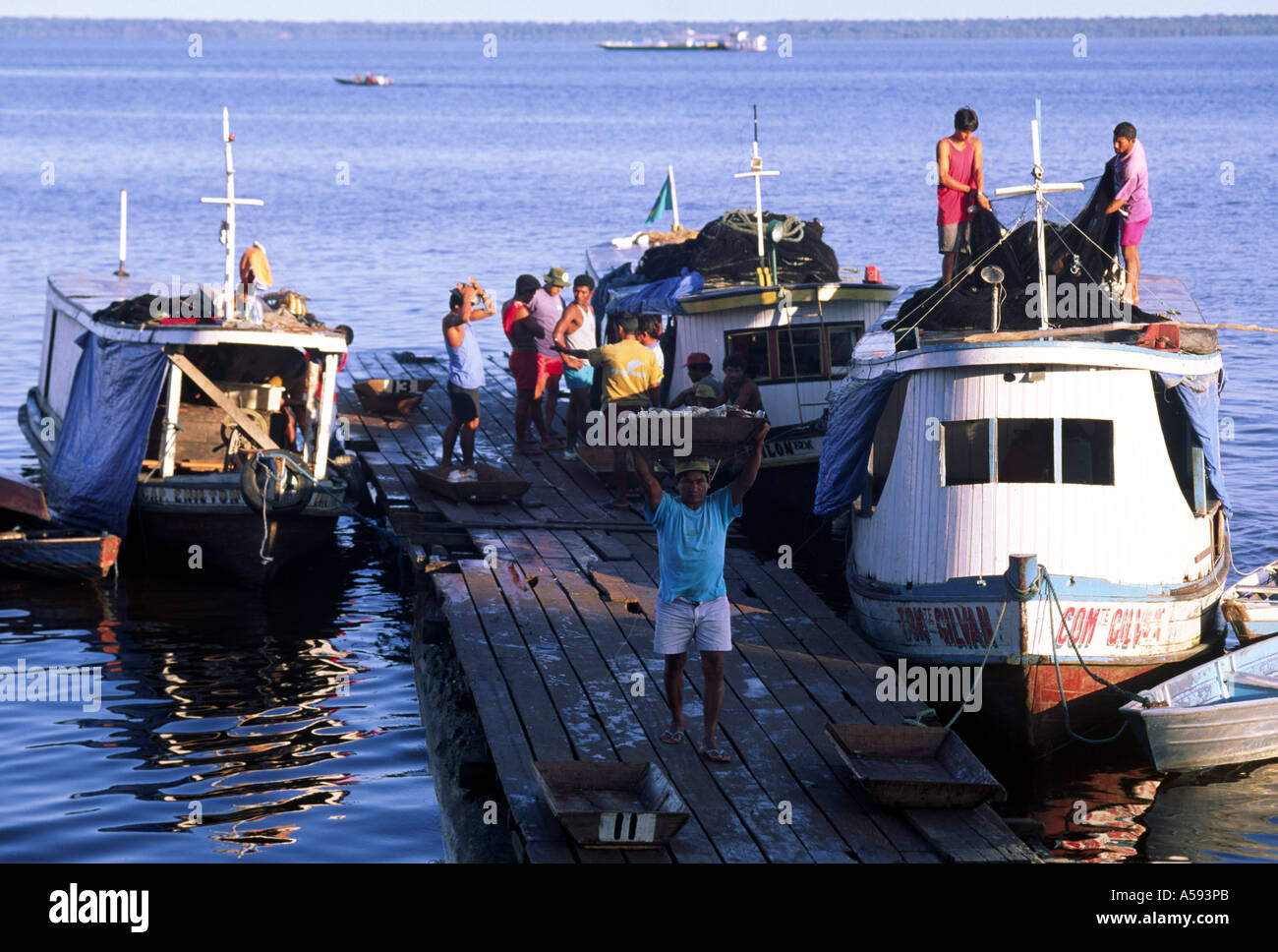 fishing boats on quay and fishermen tefe amazonas state brazil latin ...