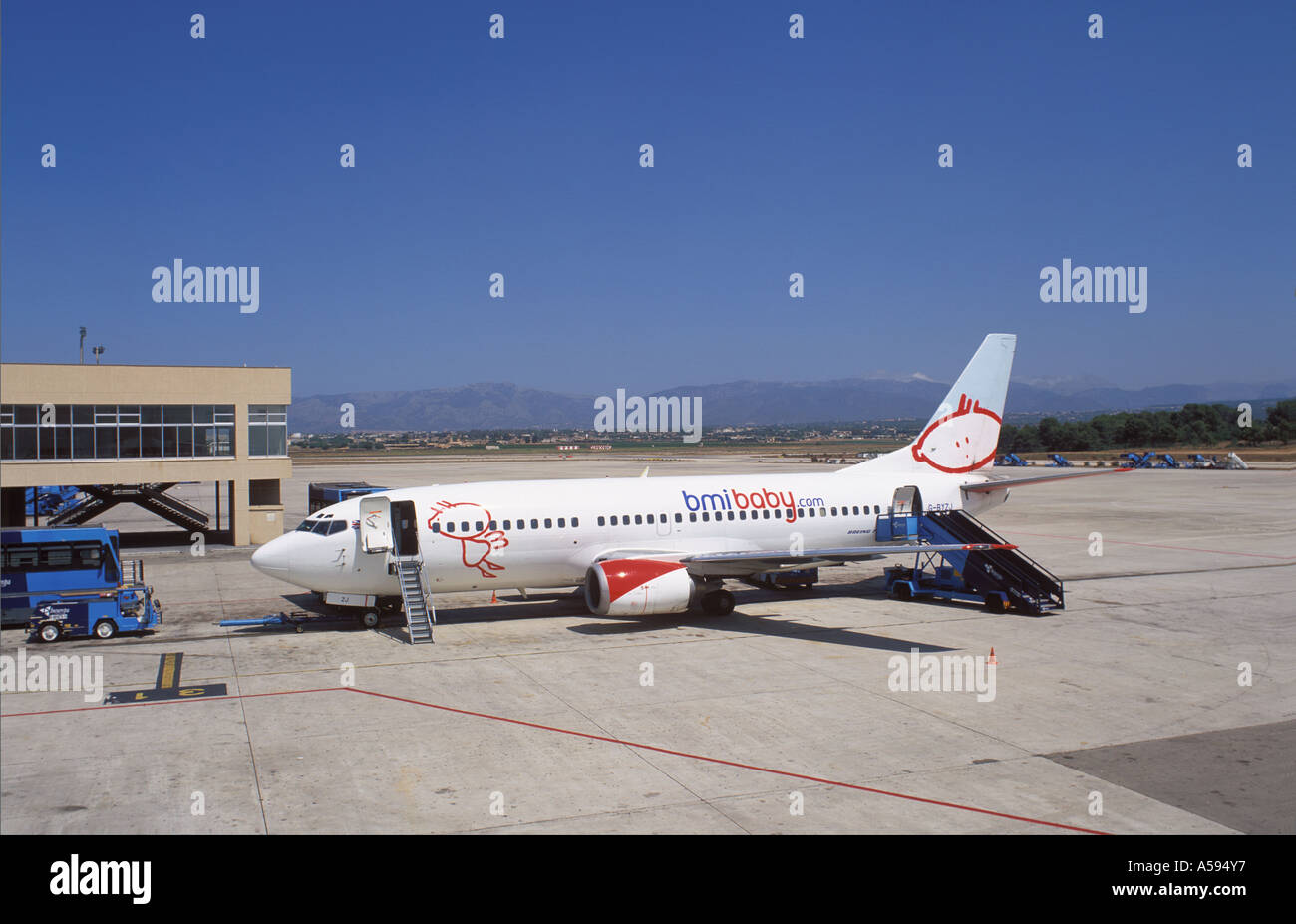 Scene at the Airport of Palma de Mallorca BMI Baby Boeing 737 600 reg G ...