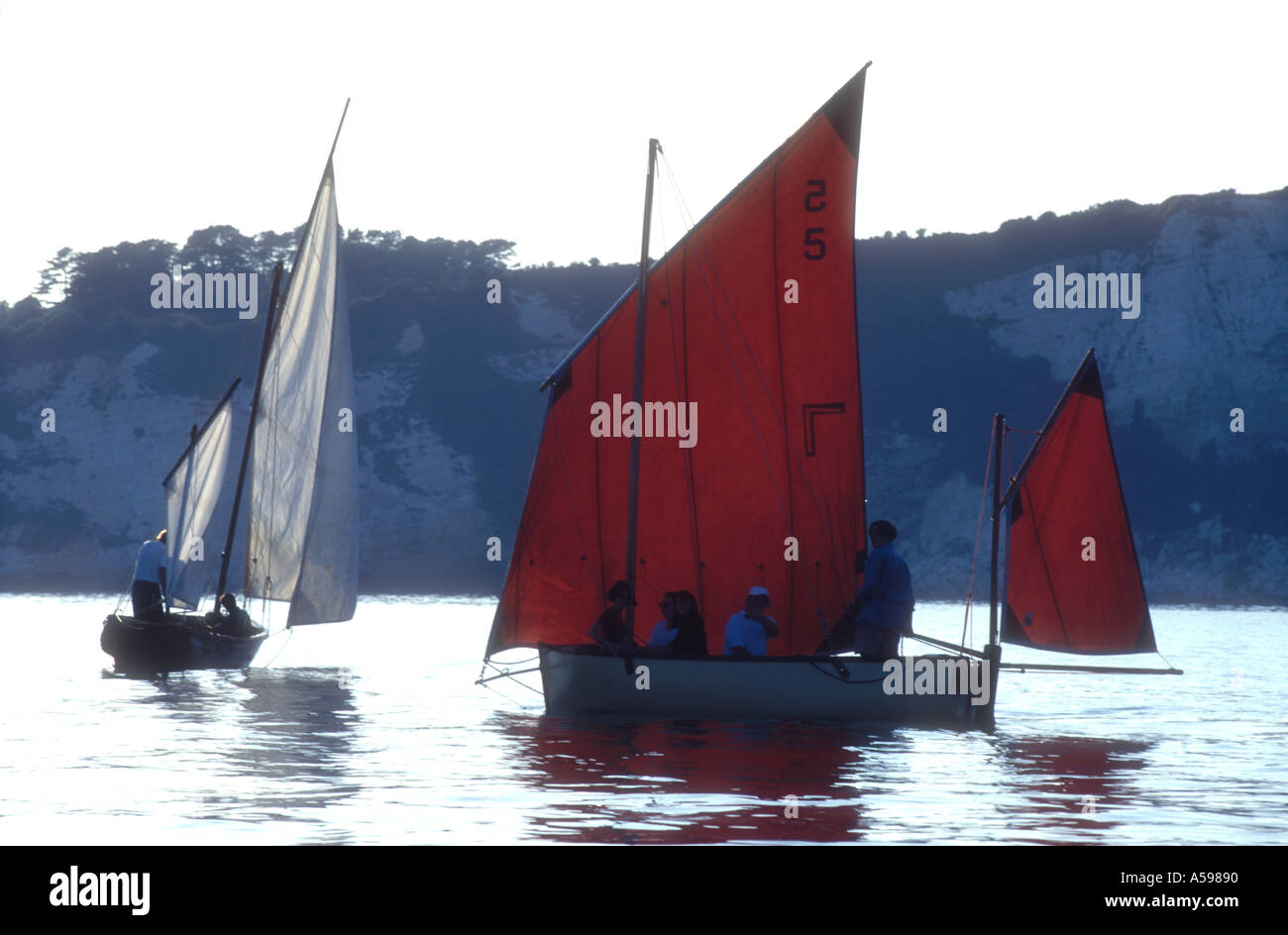 Beer lugger sailing boats off Beer village Devon England UK Europe ...