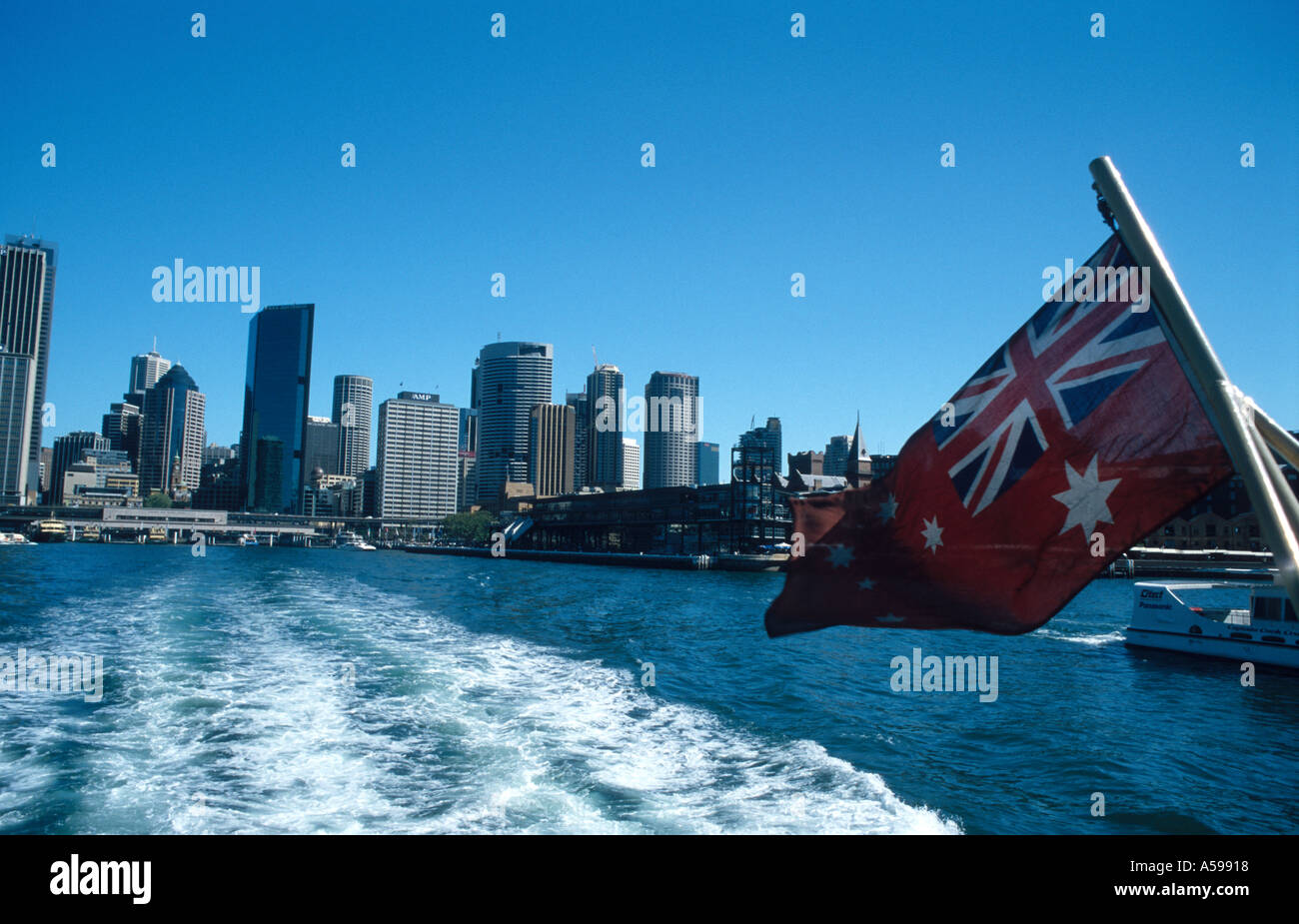 Australian flag with Darling Harbour vieuw from a boat in the harbour ...
