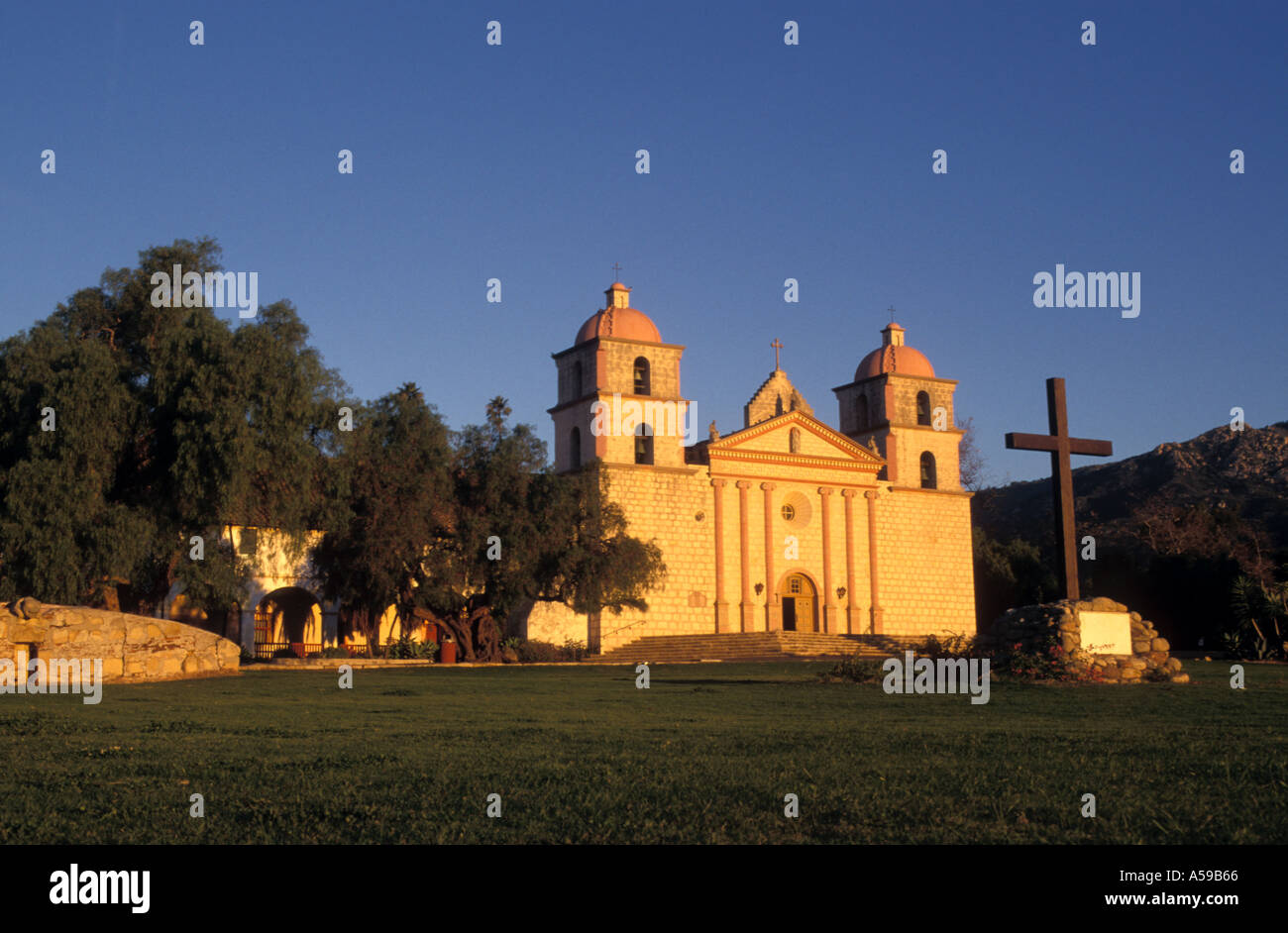 California Santa Barbara Mission early morning sun on front facade ...