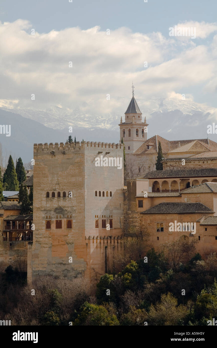 Alhambra with Sierra Nevada mountains in background seen from plaza de ...