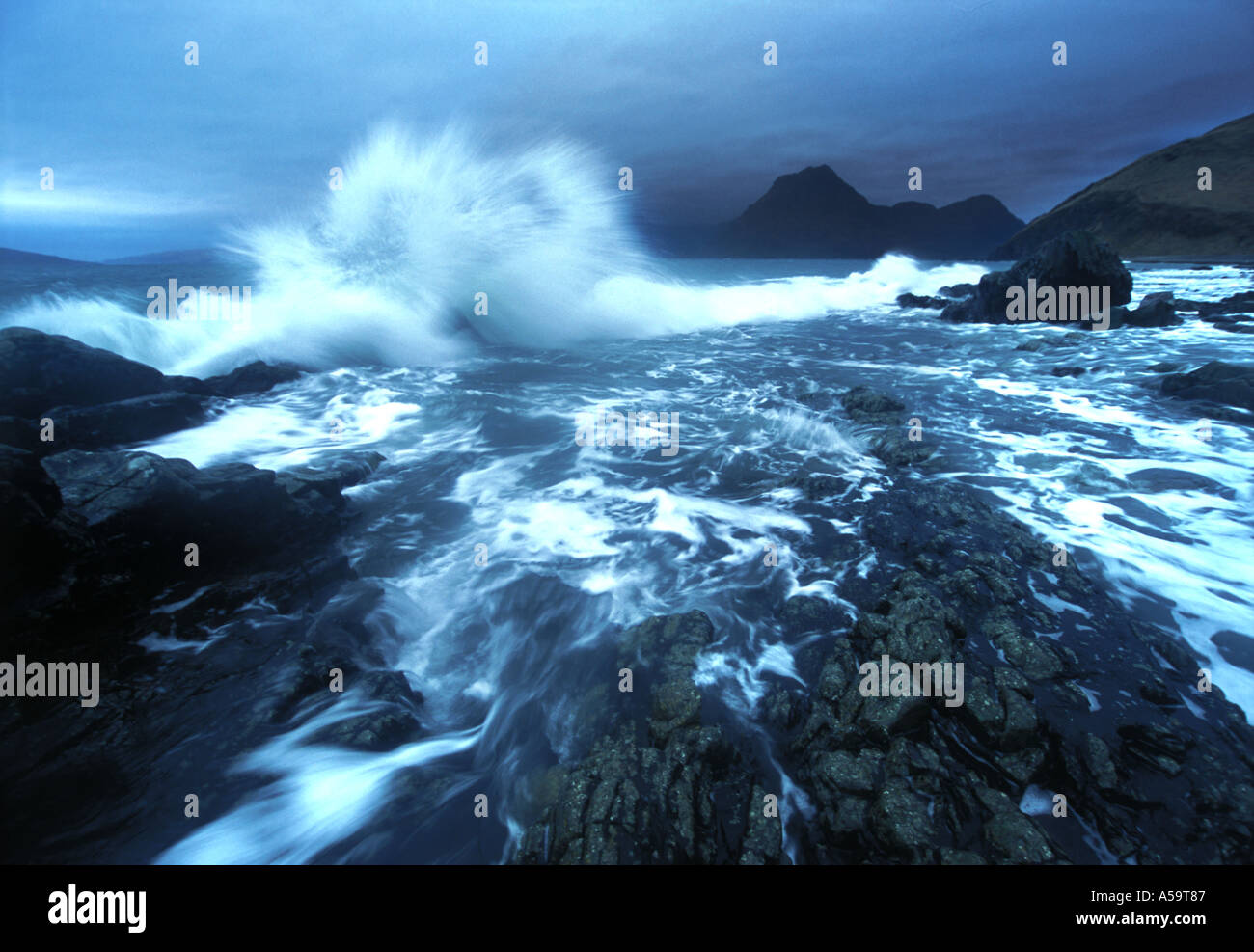 Scotland Skye Cuillin Ridge from loch Scavaig during a winter storm ...