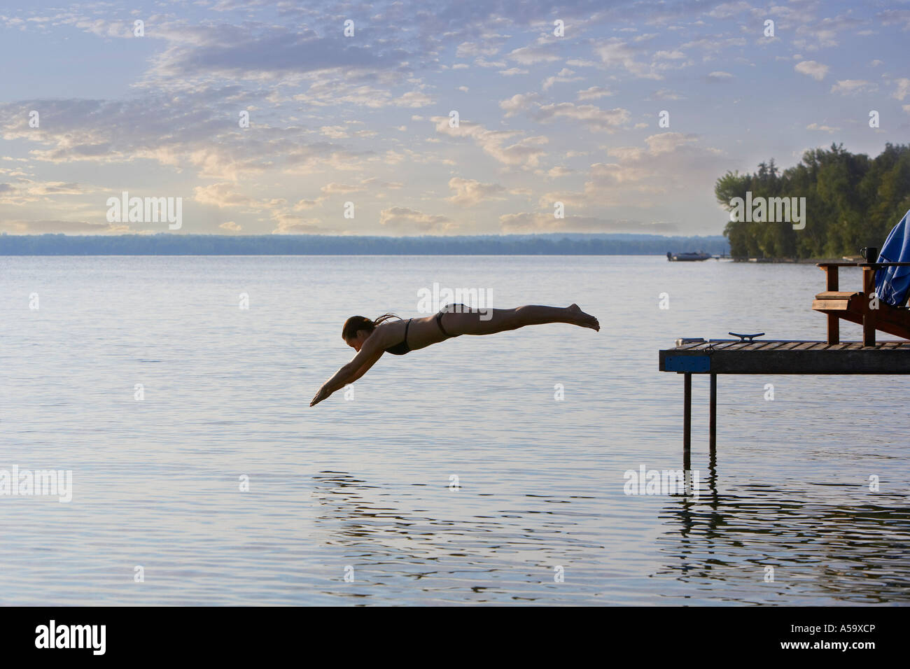 Woman Diving off of Dock Stock Photo - Alamy