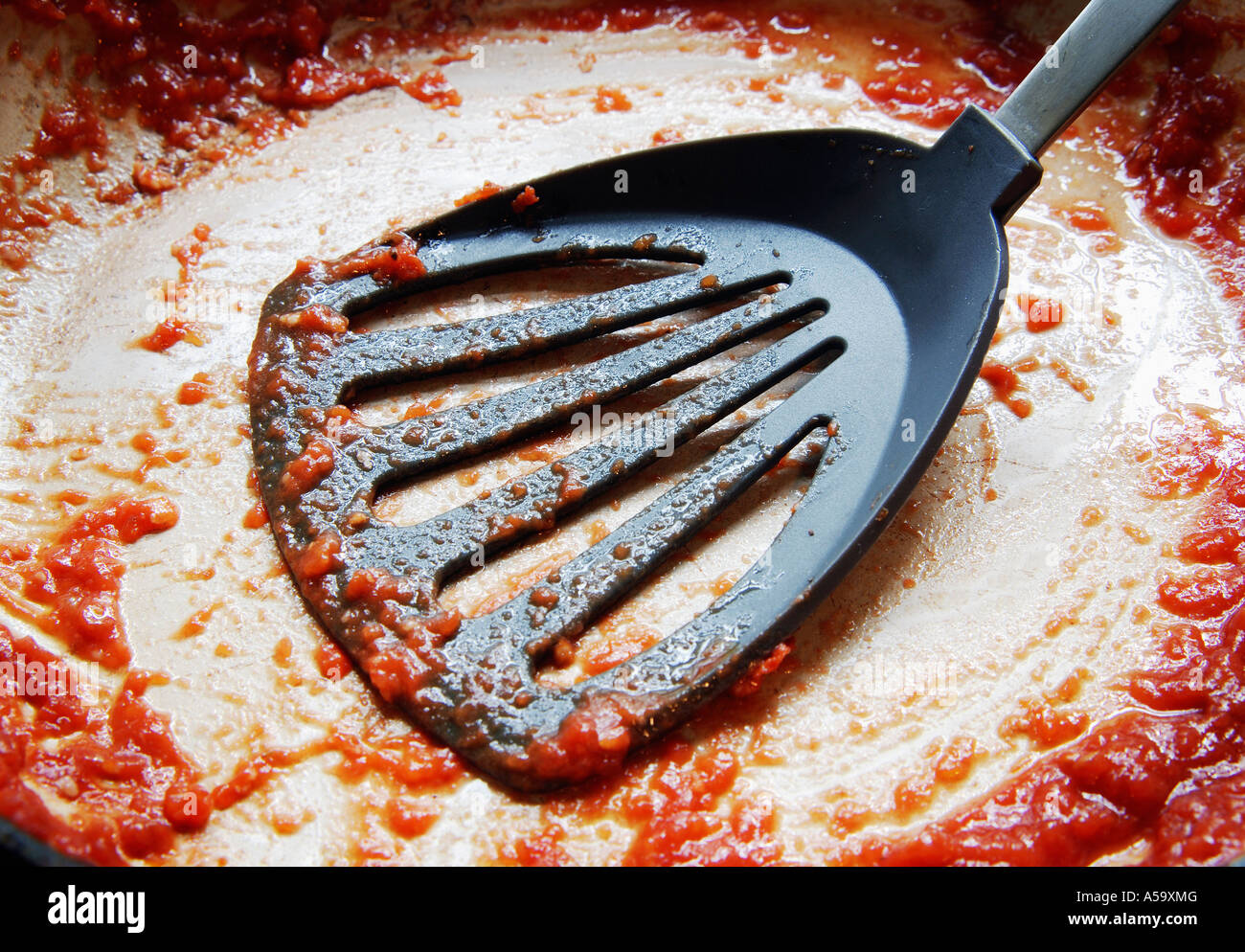 Spatula in Messy Frying Pan Stock Photo - Alamy
