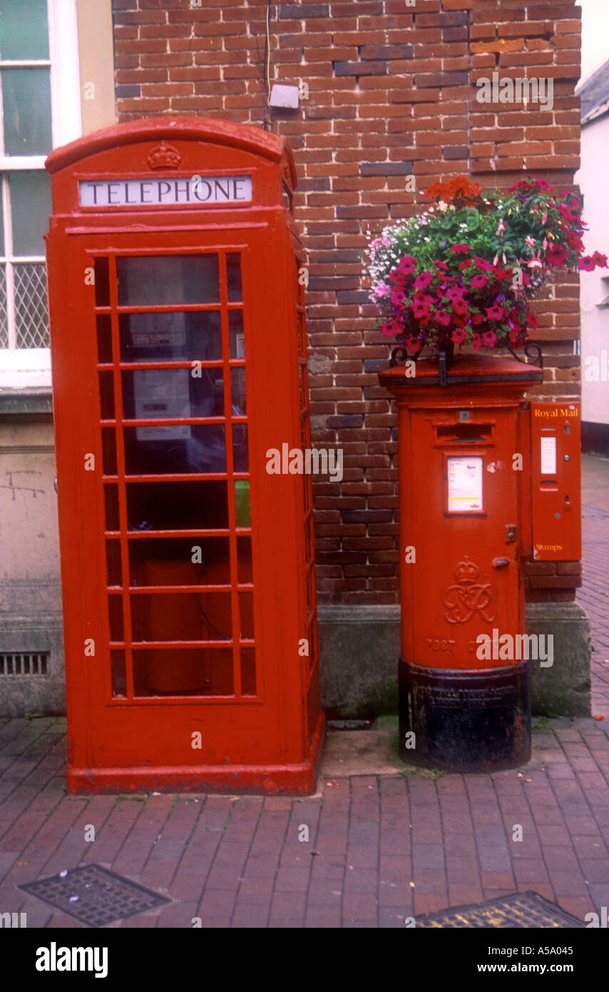 Classic British Red Telephone box and a Red Post Box at Sidmouth Devon ...