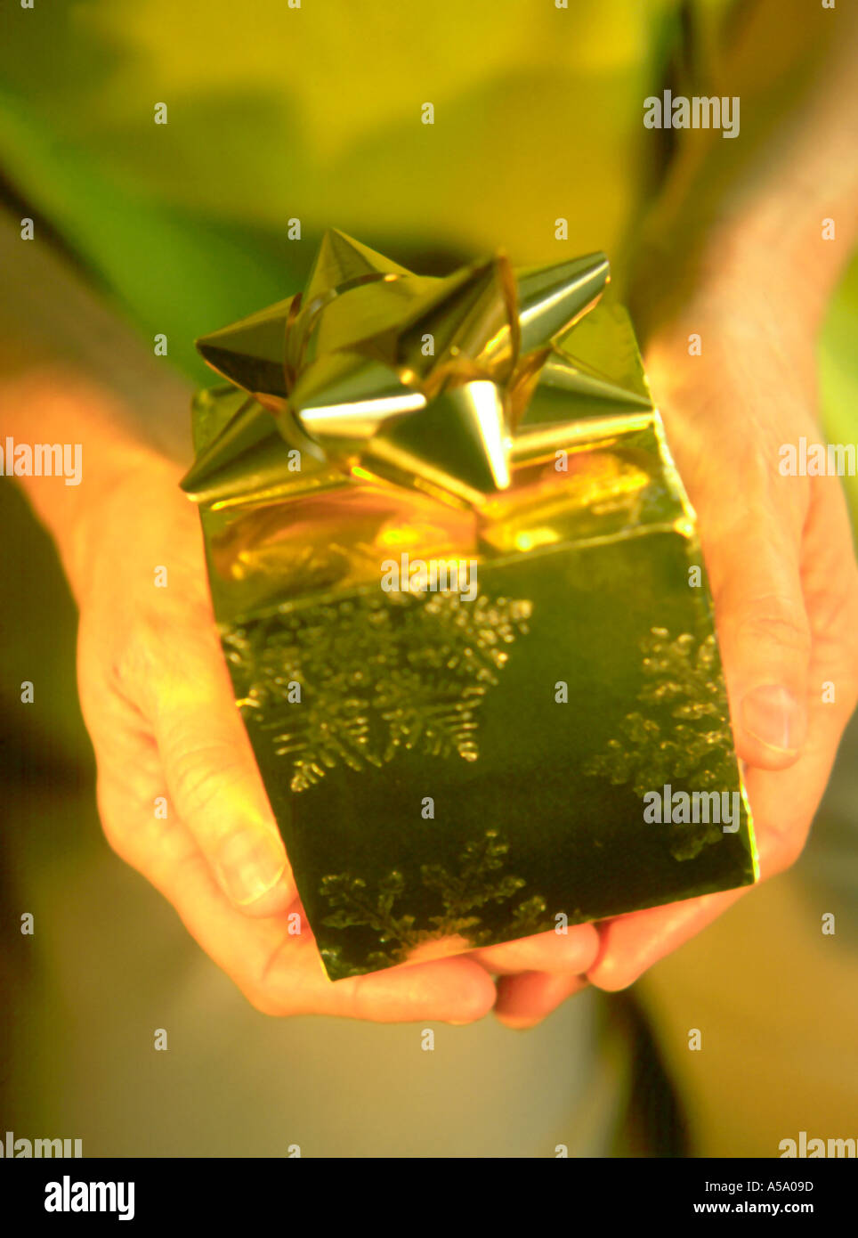 Hands giving a golden wrapped gift Stock Photo - Alamy
