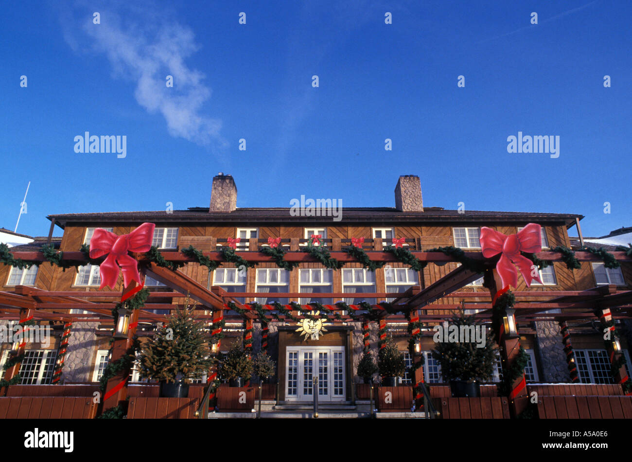 Idaho Sun Valley Lodge rear terrace with Christmas decoration Stock ...