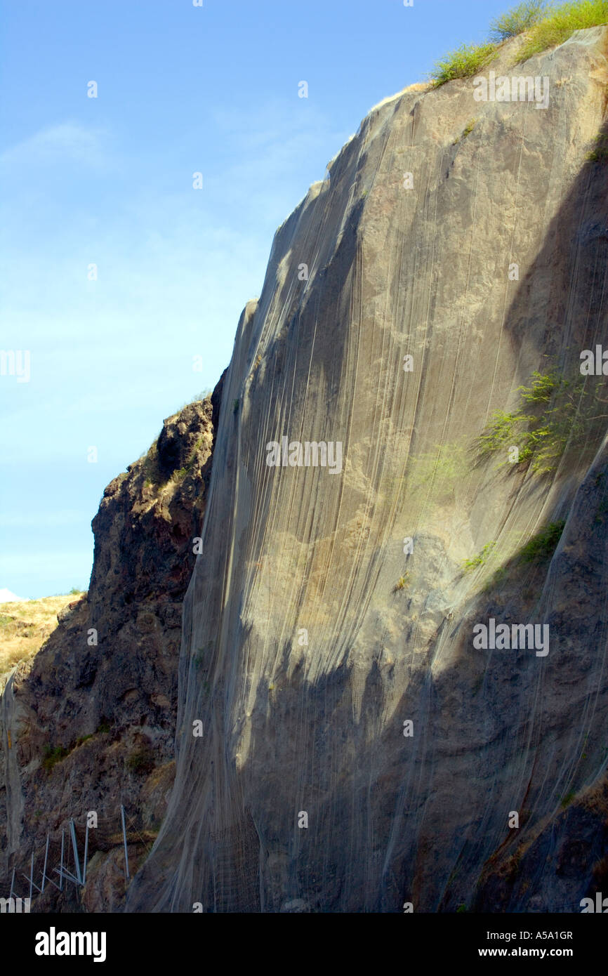 Defensive wire netting against rock fall dangers on coastal road in ...