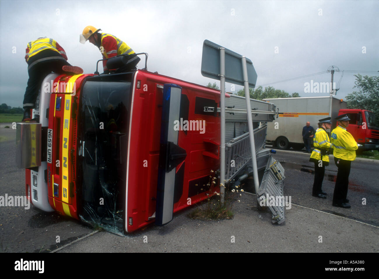 Overturned Fire engine after road traffic accident, Britain UK Stock ...