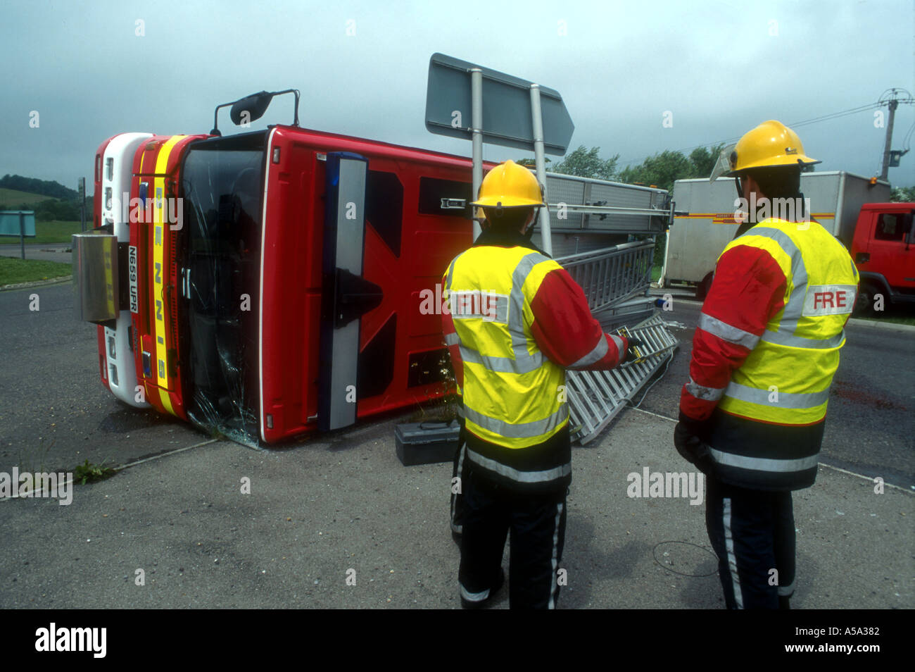 Overturned Fire engine after road traffic accident, Britain UK Stock ...