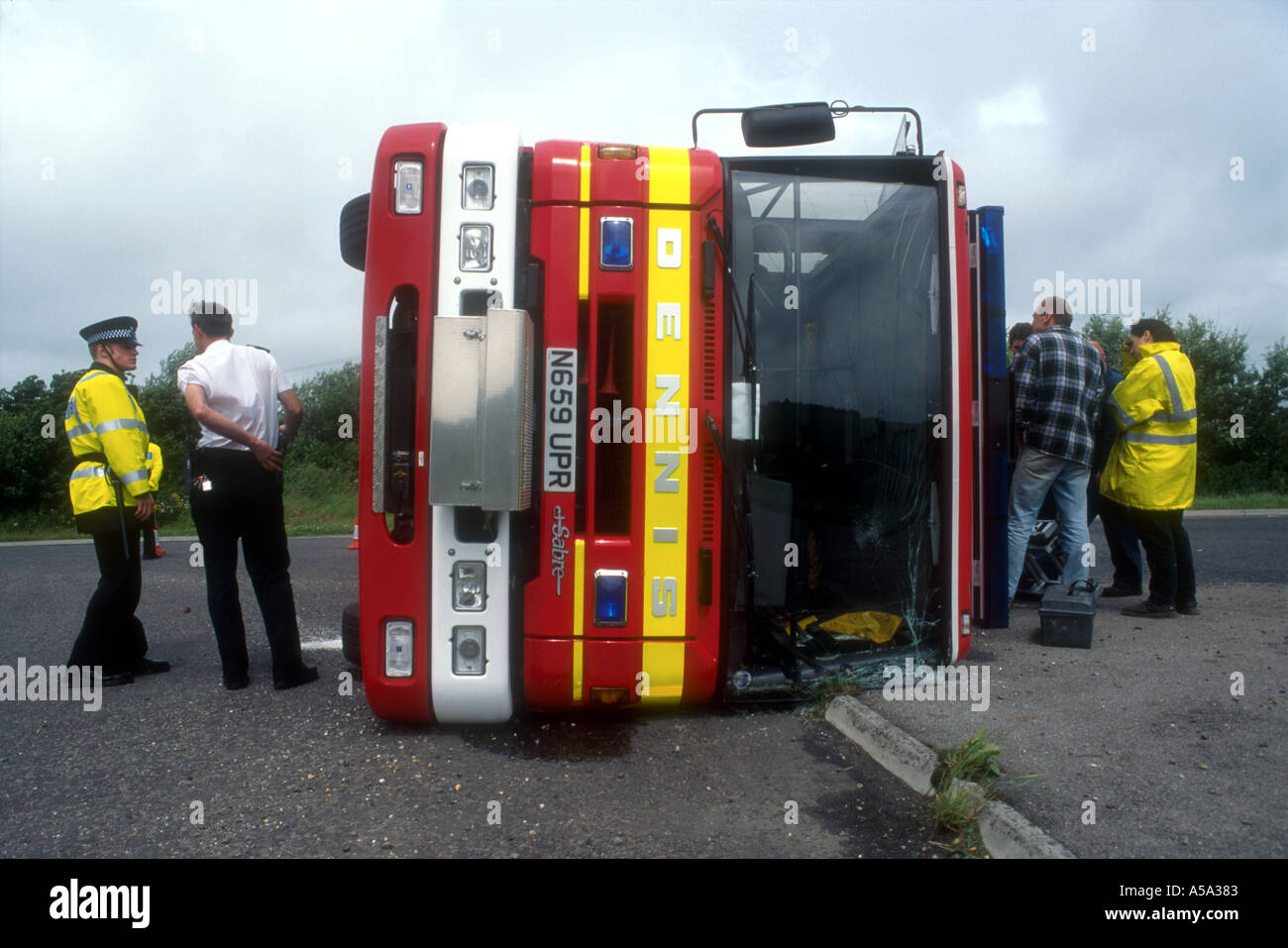 Overturned Fire engine after road traffic accident, Britain UK Stock ...
