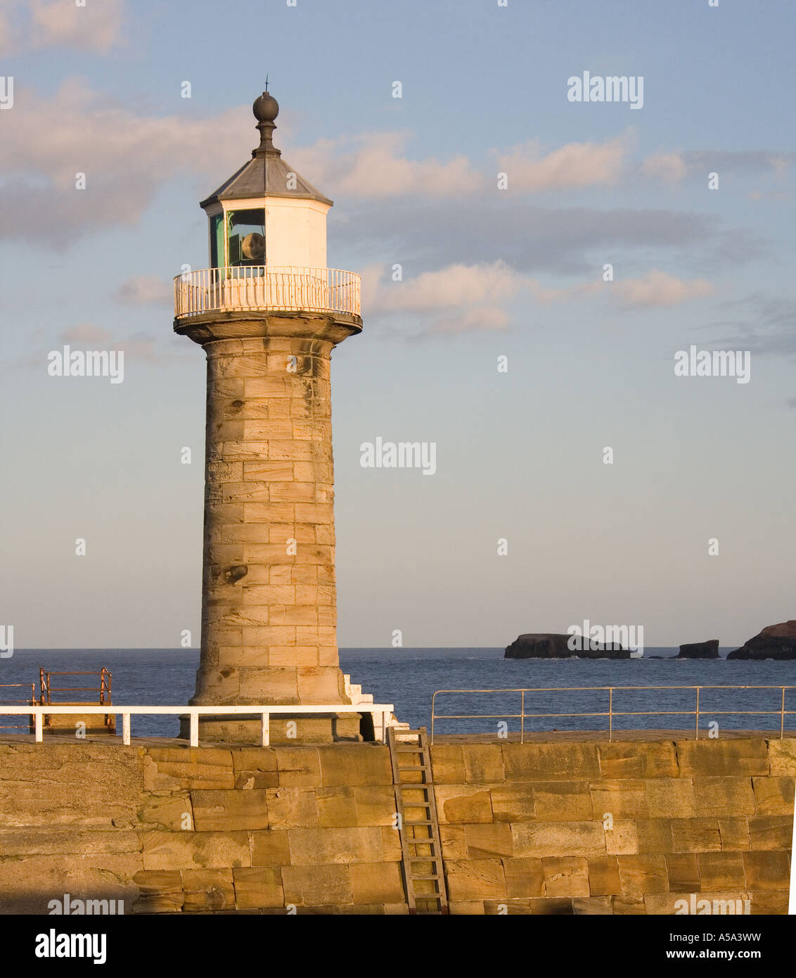 Lighthouse on the pier at Whitby on the North Yorkshire coast. United ...