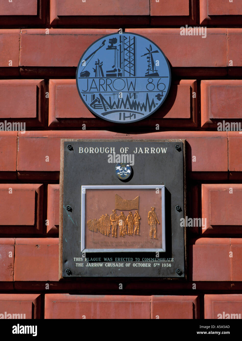 Plaque commemorating the Jarrow Crusade on the Town Hall, West Grange ...