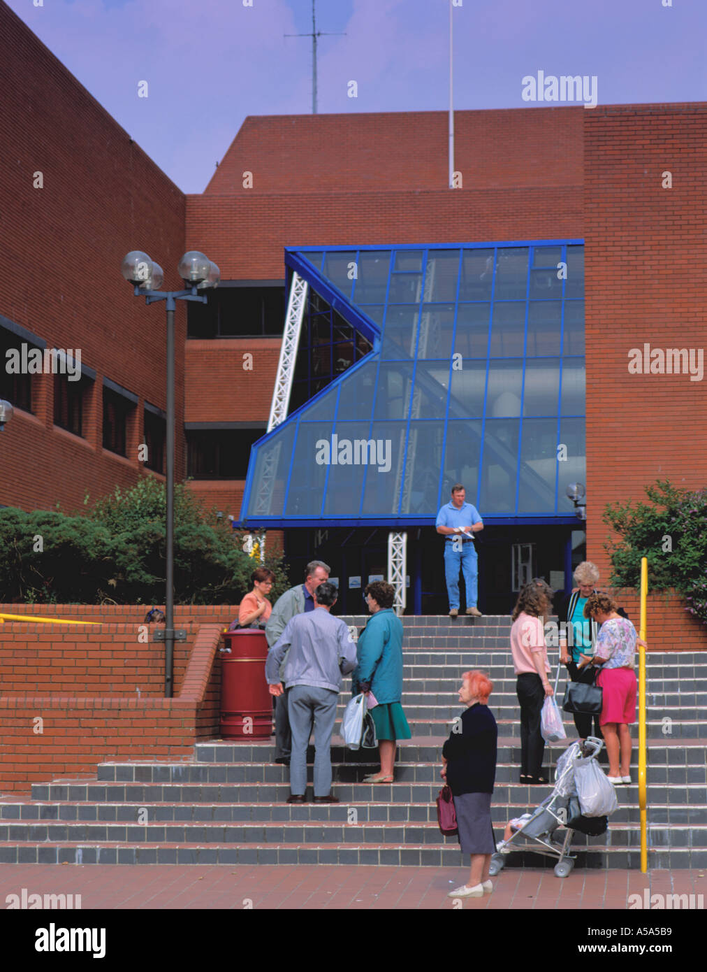 People on the steps of the Civic Centre, Hartlepool, Cleveland, England ...