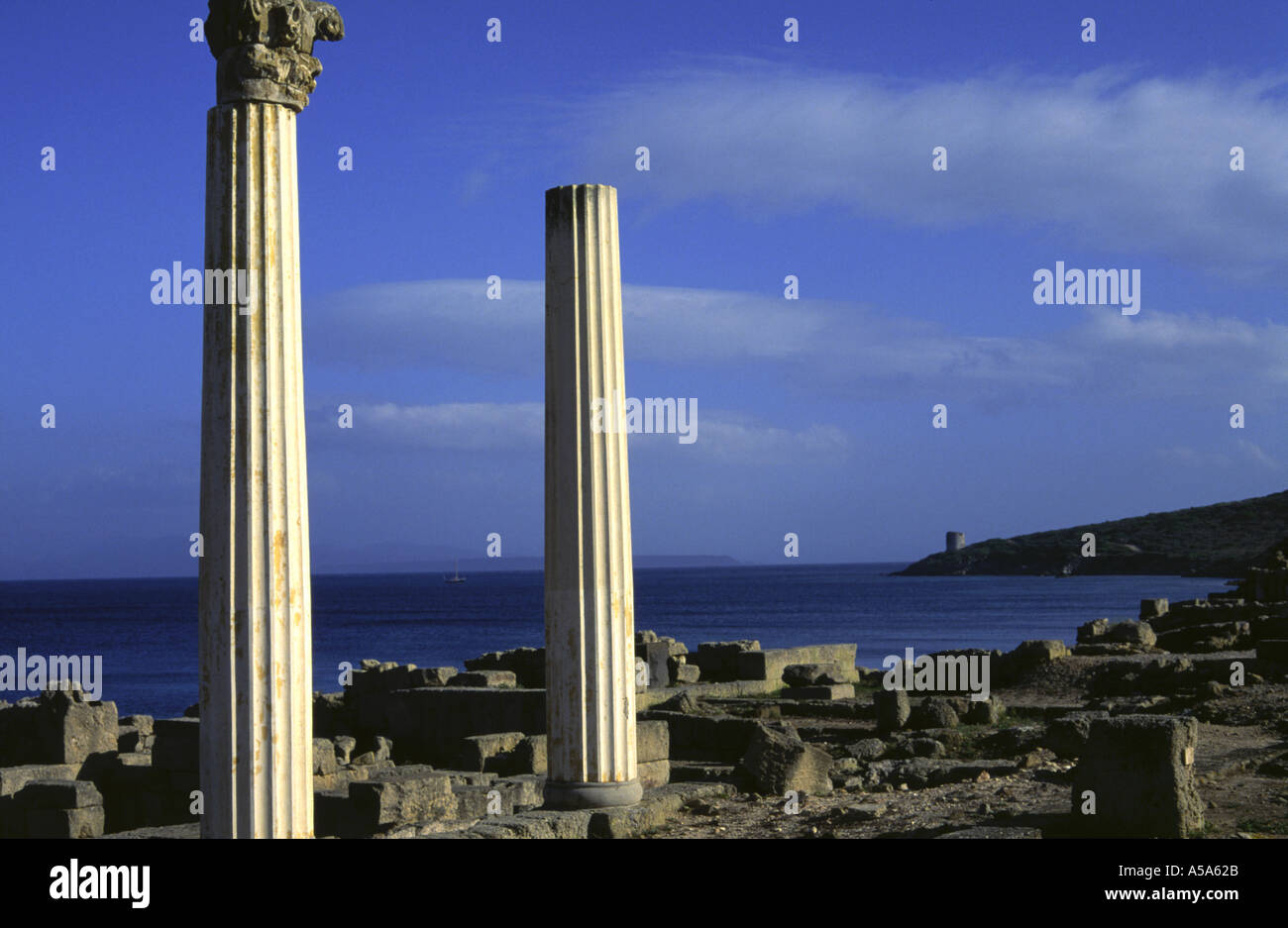 archaelogical excavation of Tharros with two reconstructed columns ...