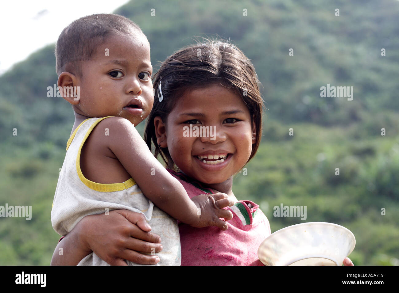 Aeta children near Mount Pinatubo, Crater lake, volcano, Luzon Island ...