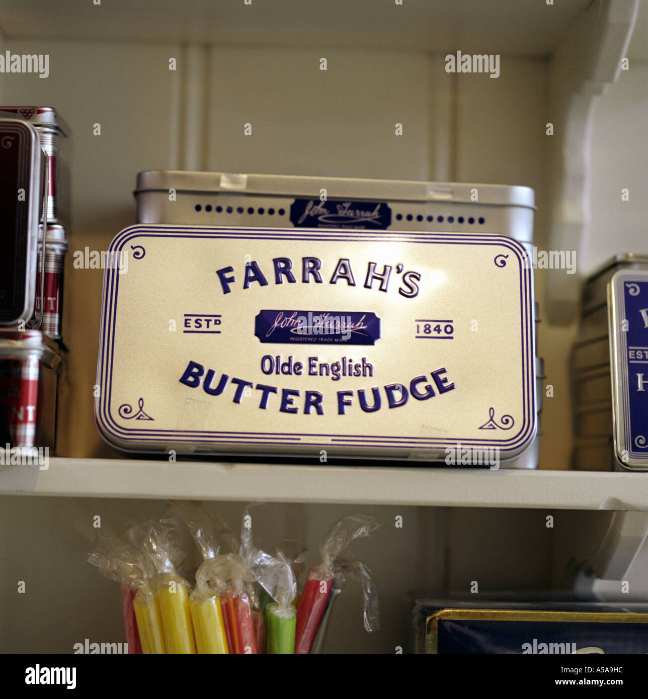 a tin of Farrah's Olde English Butter Fudge in a grocer store Stock ...