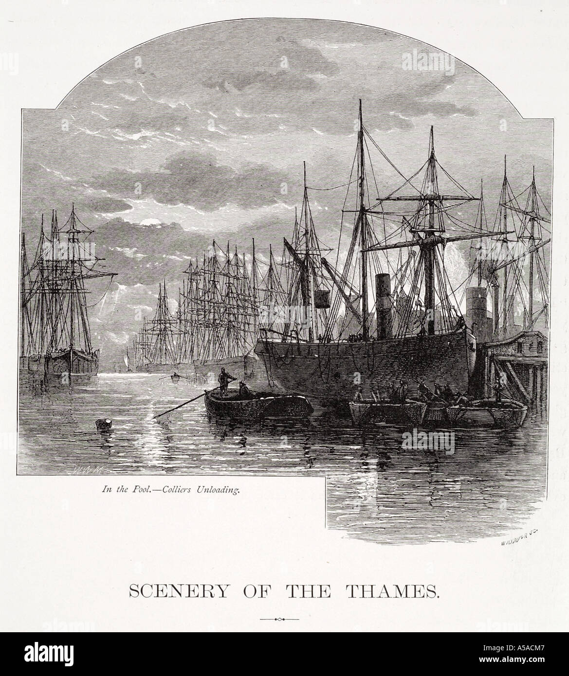 London Thames coal ship barge steam sail boat work commerce trade water ...