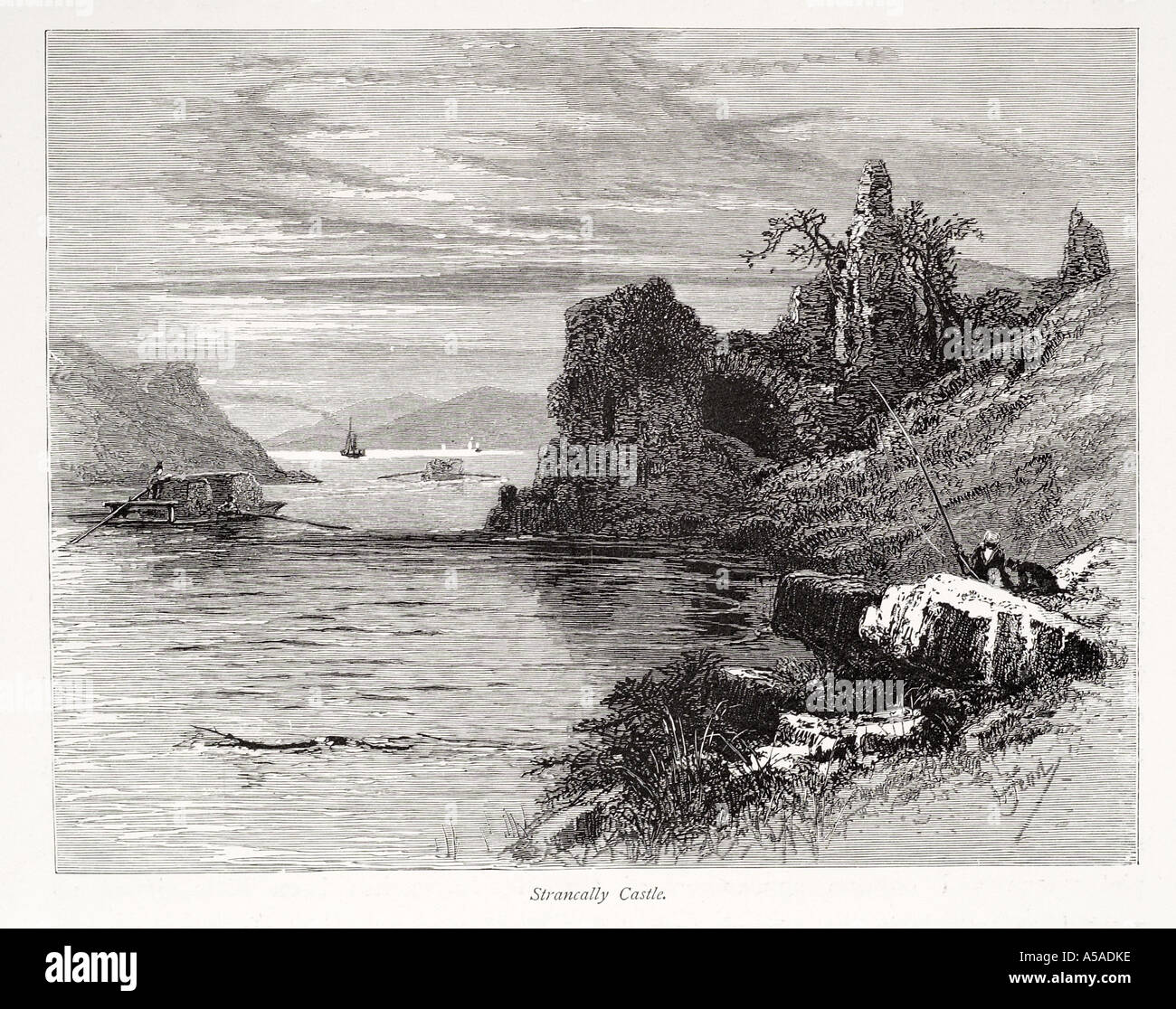 strancally castle derelict ruin fishing rod boat stone lake mountain ...