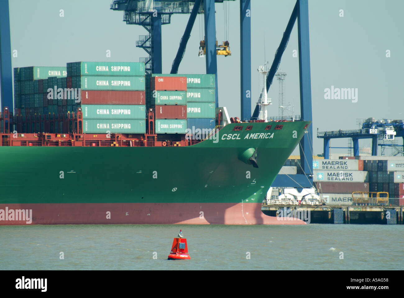 Close up view bow of a container ship CSCL America operated by China ...