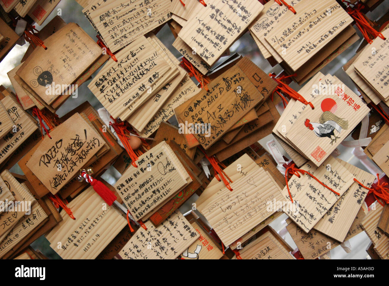 Ema or prayer tablets hang in Hanazono jinja Shrine Tokyo Honshu Japan ...