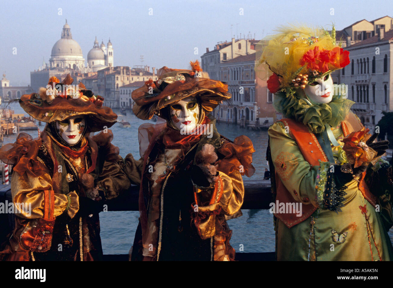 People dressed up in fancy costumes and masks celebrating the Venetian ...