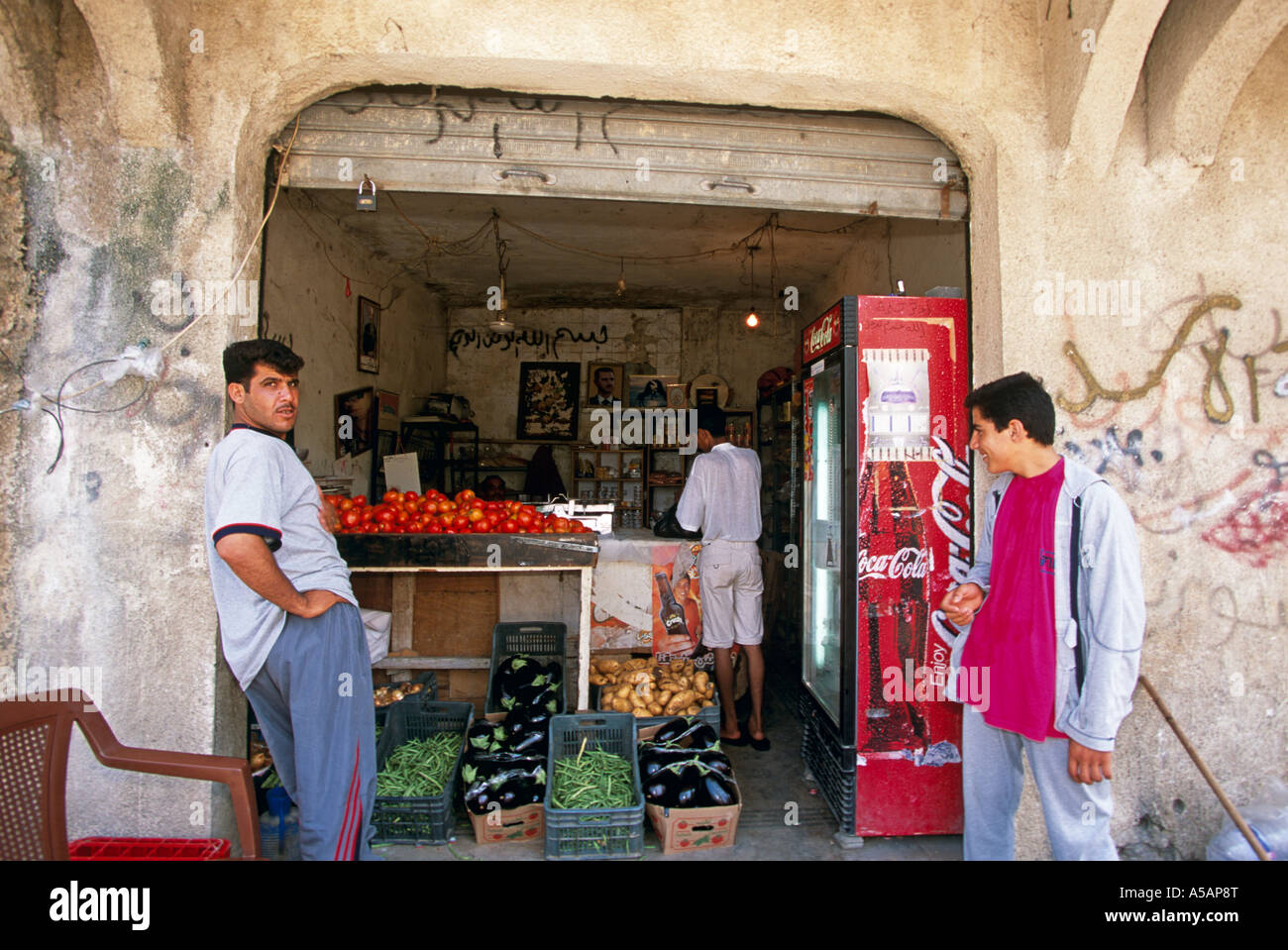 Vendor and customer at vegetable shop, Nabatiyeh, Lebanon Stock Photo ...
