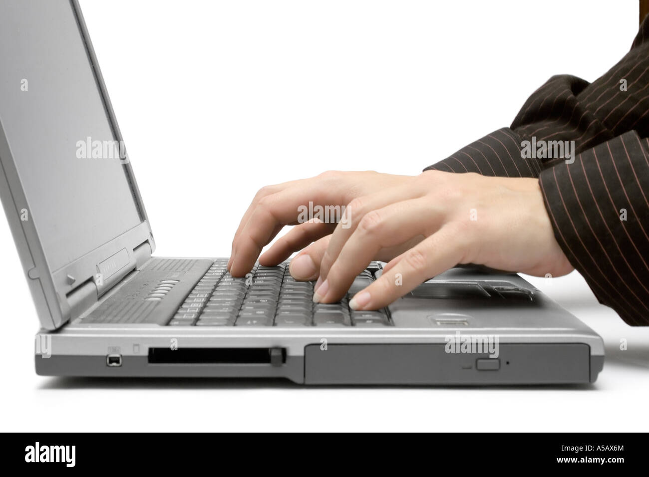 Female hands doing word processing. Isolated on a white background ...