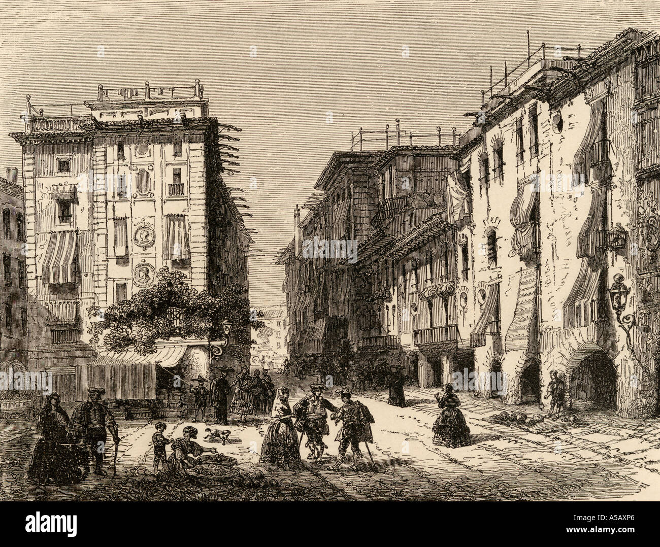 Street in Barcelona, Spain. From the book Spanish Pictures by the Rev ...