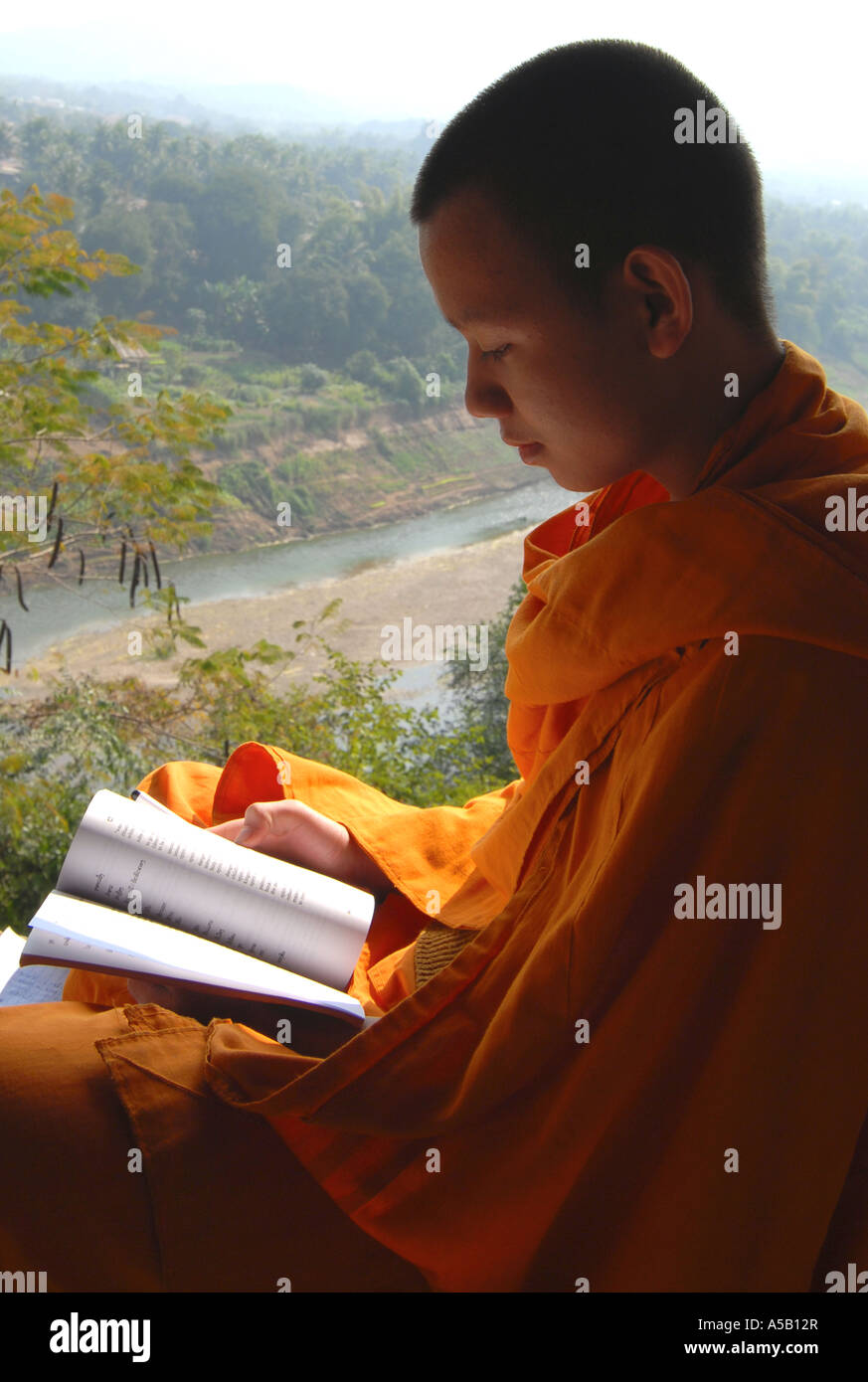 Young buddhist monk studying atop mount phou si hi-res stock ...