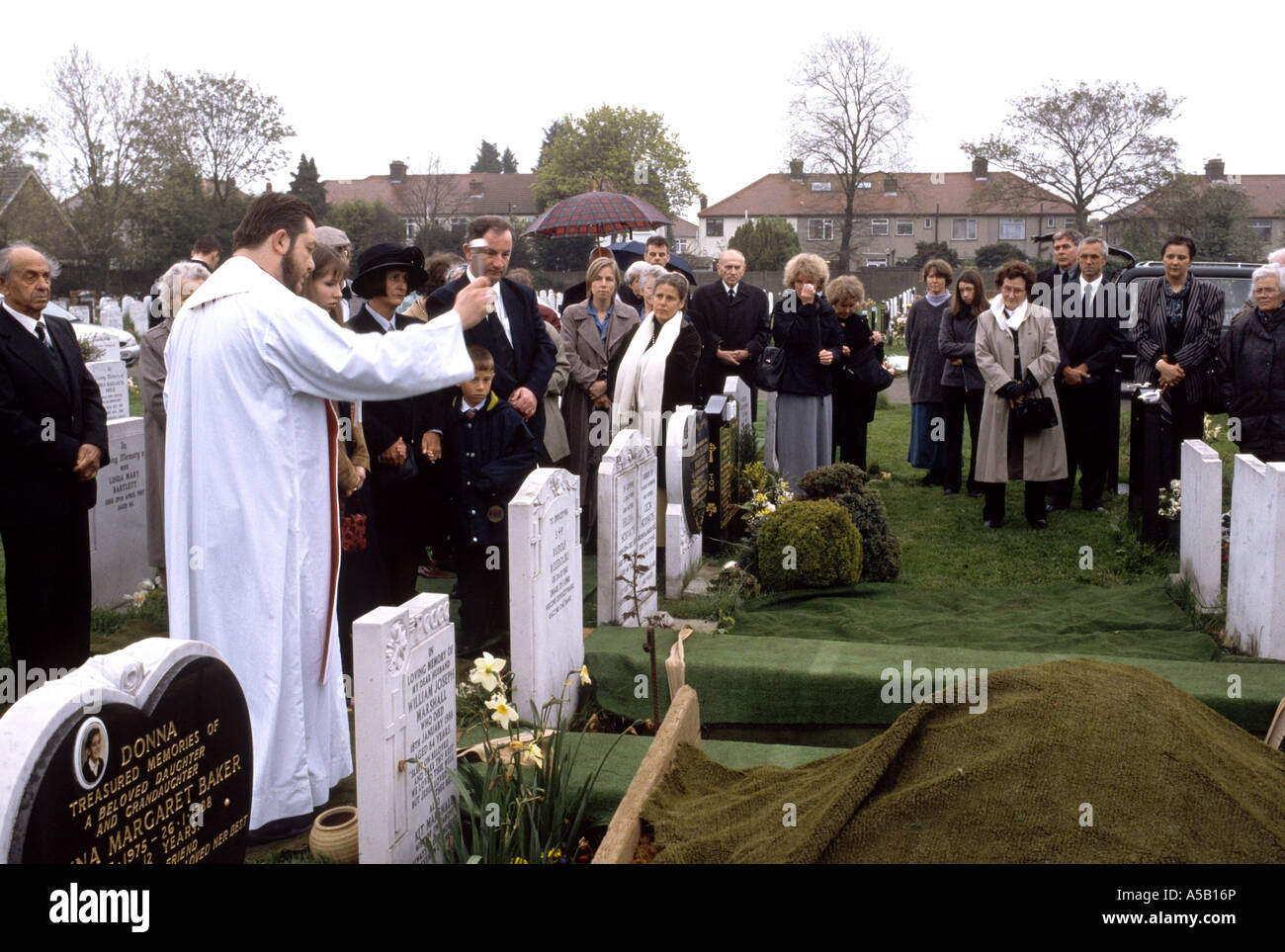 Catholic Funeral Where Priest Is Blessing The Coffin Before It Is