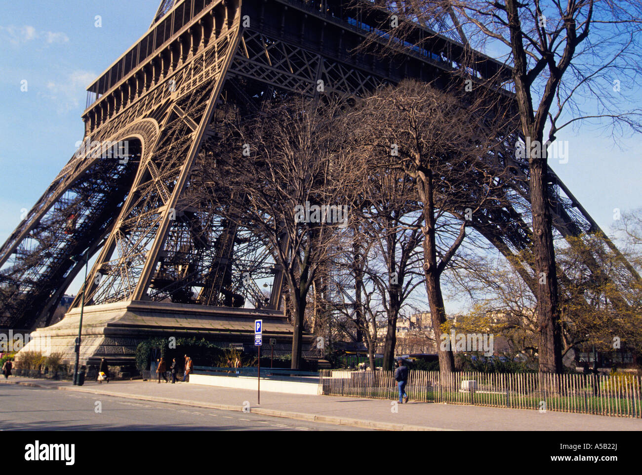France, Paris. Close up, closeup, of the base of the Eiffel Tower. A ...