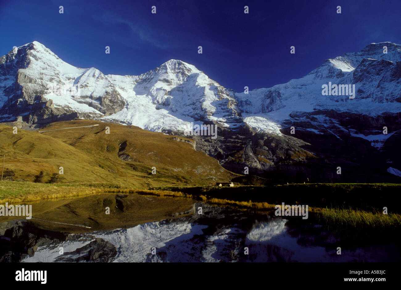 Mountains Eiger Mönch and Jungfrau in autumn reflection in pond above ...