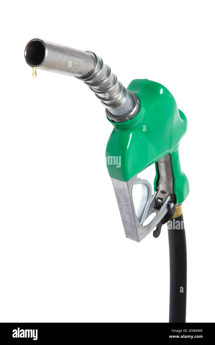 Green gasoline nozzle with drip of gas coming out Stock Photo - Alamy