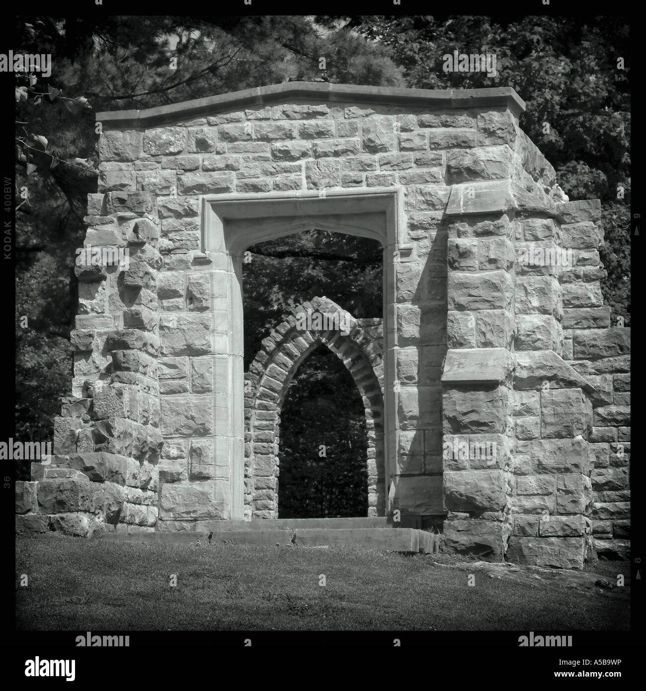 Stone archway seen through a stone archway, Kingsmere, Gatineau Park ...