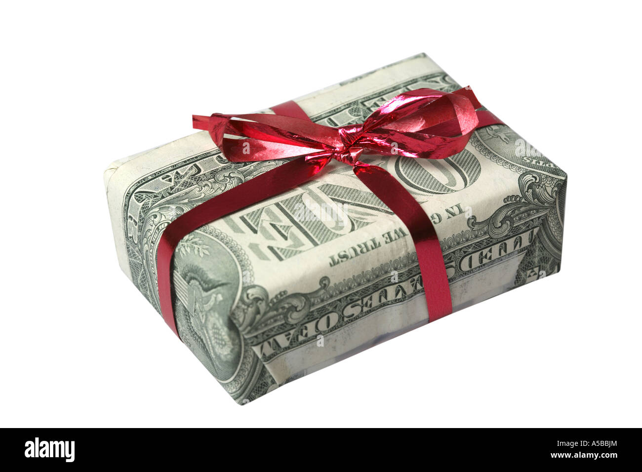 Christmas Present wrapped in Money cut out on white background Stock ...