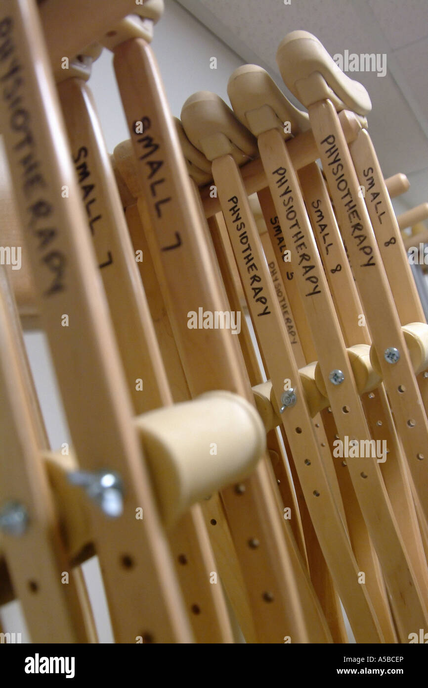Detail of hanging crutches in physiotherapy room of hospital Stock ...