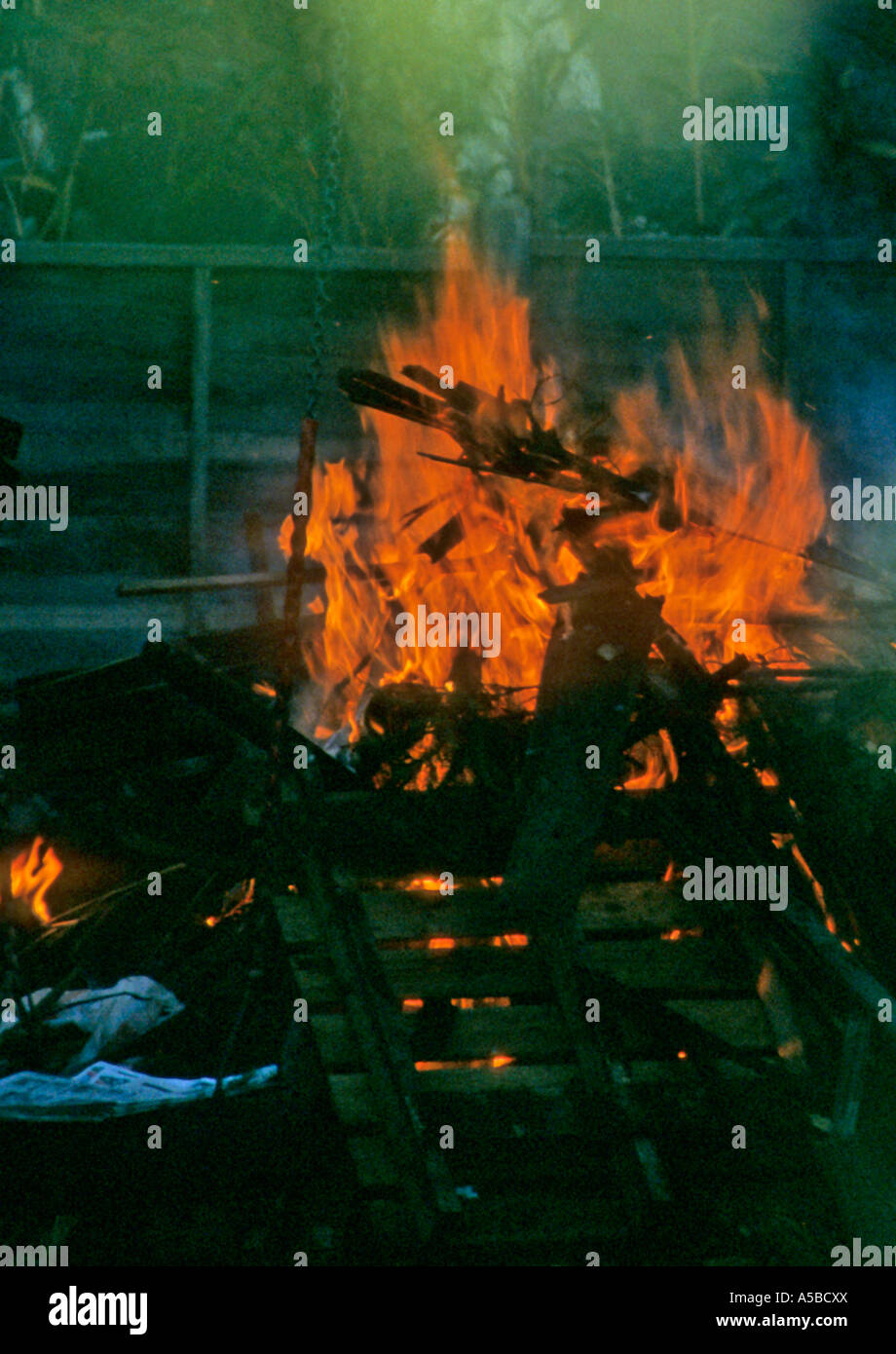 night time bonfire in garden polluting the air and atmosphere Stock ...