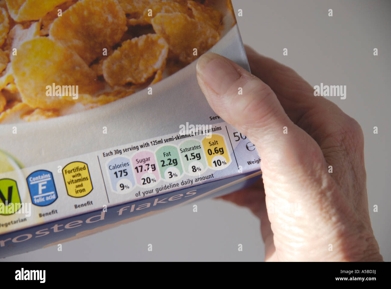 looking at packet of breakfast cereal nutritional information values ...
