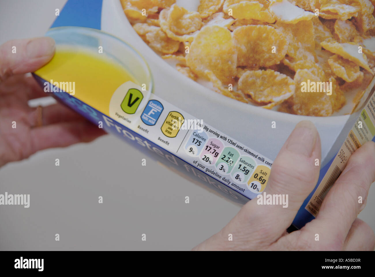 looking at packet of breakfast cereal nutritional information values ...